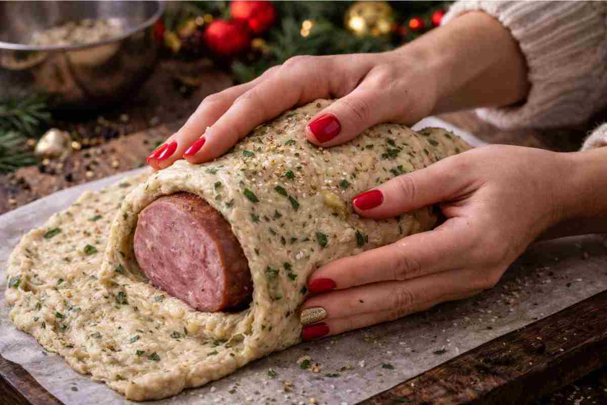 Cotechino in crosta di pane speziato con crema di lenticchie, quest ...